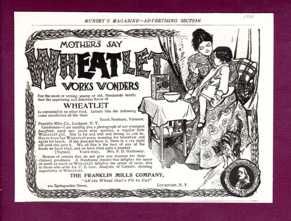 Vintage Ad Mother says Wheatlet works Wonders Cereal Franklin Mills ...
