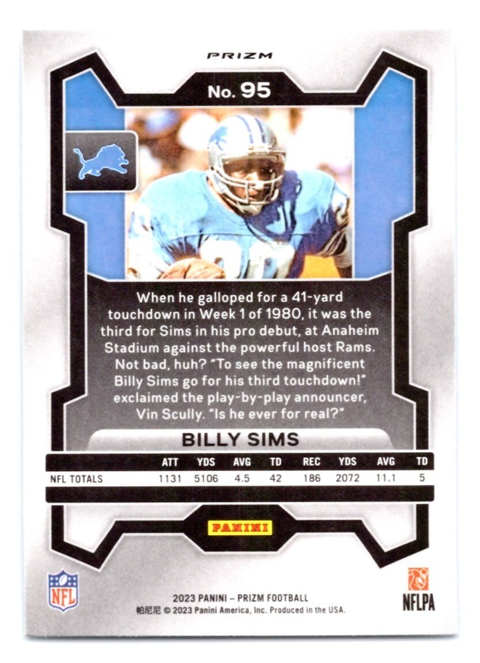 2023 Prizm Football Billy Sims #95 Silver | eBay