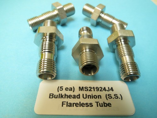 (5) Stainless Steel MS21924J4 Bulkhead Union, Flareless Tube Military ...
