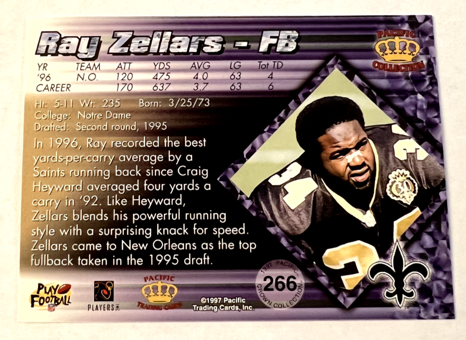 1997 Pacific Crown Collection Gold #266 Ray Zellars New Orleans Saints ...
