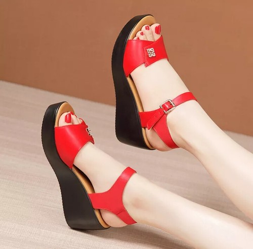 Sandales Femmes Ceinture Fine Compensé Platform 8 CM Rouge Lumière Cuir ...