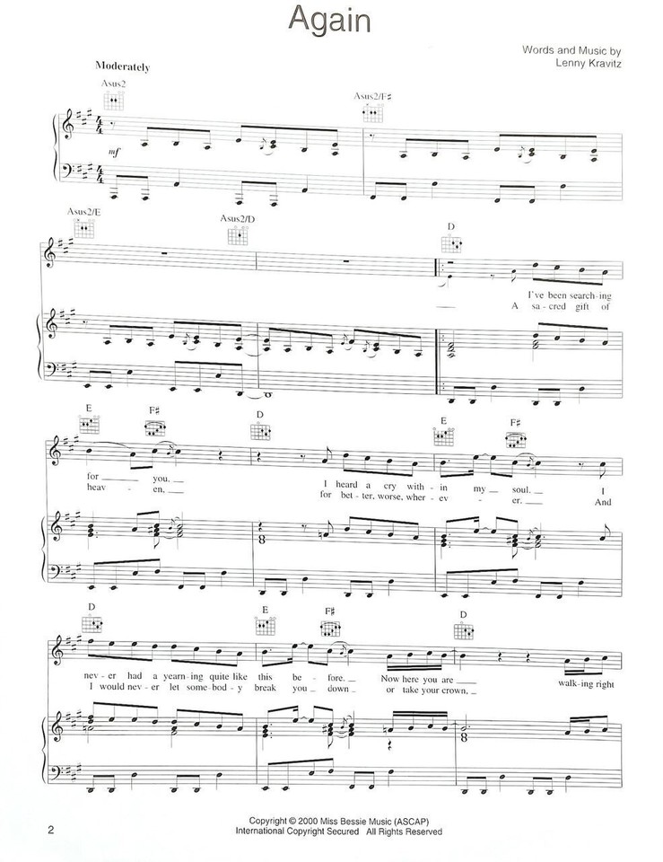 Again, by Lenny Kravitz - Piano, Vocal & Guitar Sheet Music | eBay