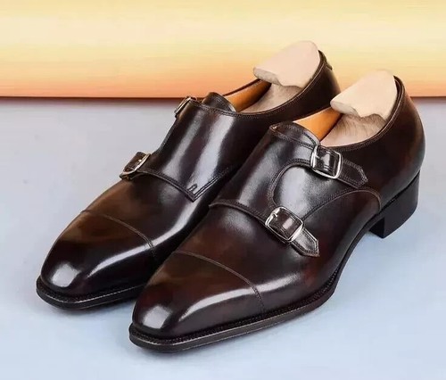 Handmade Men's Dark Brown Cowhide Leather Double Monk Chisel Toe Dress ...