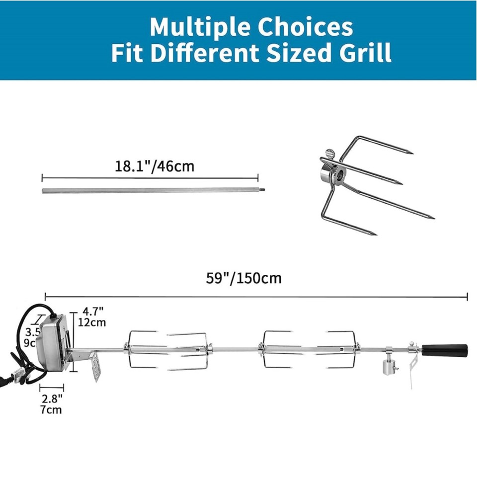 Electric Rotisserie Kit w/Motor 18''-59'' BBQ Grill Detachable Spit Rod ...