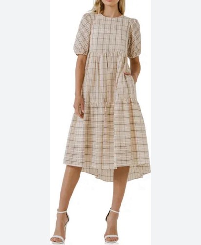 English Factory Anthro Plaid Puff Sleeve Midi Preppy Cottage Core Dress ...