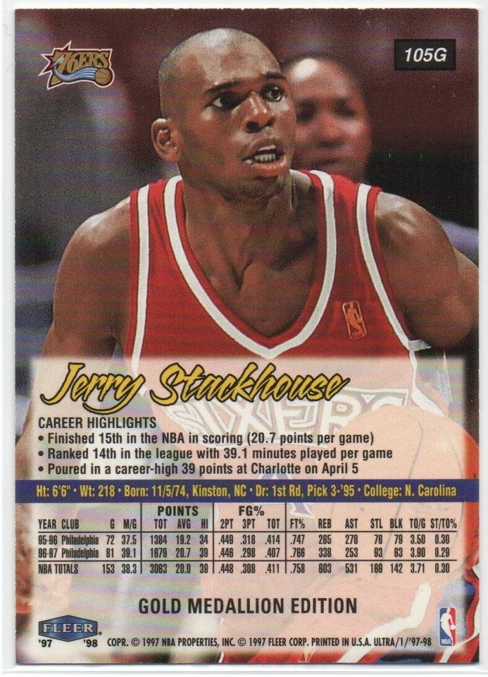 Jerry Stackhouse 1997-98 Ultra Gold Medallion #105G Philadelphia 76ers ...