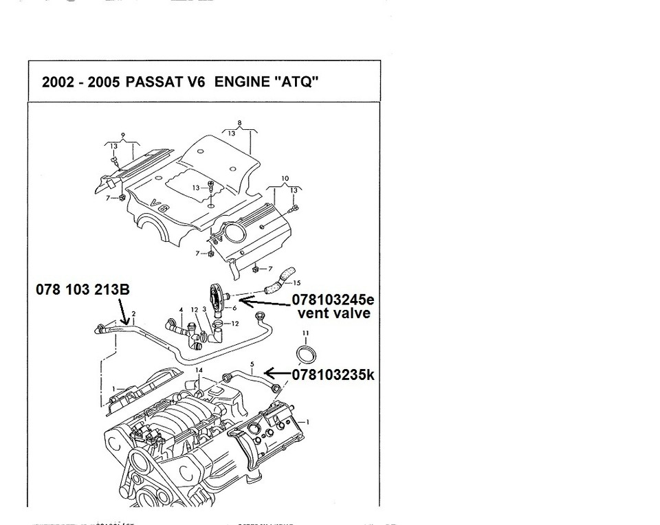BREATHER VENT HOSE 078103213B; 02-05 VW PASSAT 2.8L V6 ATQ ENGINE ...