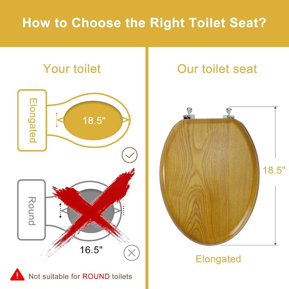 Angel Shield Durable Wood Veneer Natural Toilet Seat Metal Hinged Easy ...