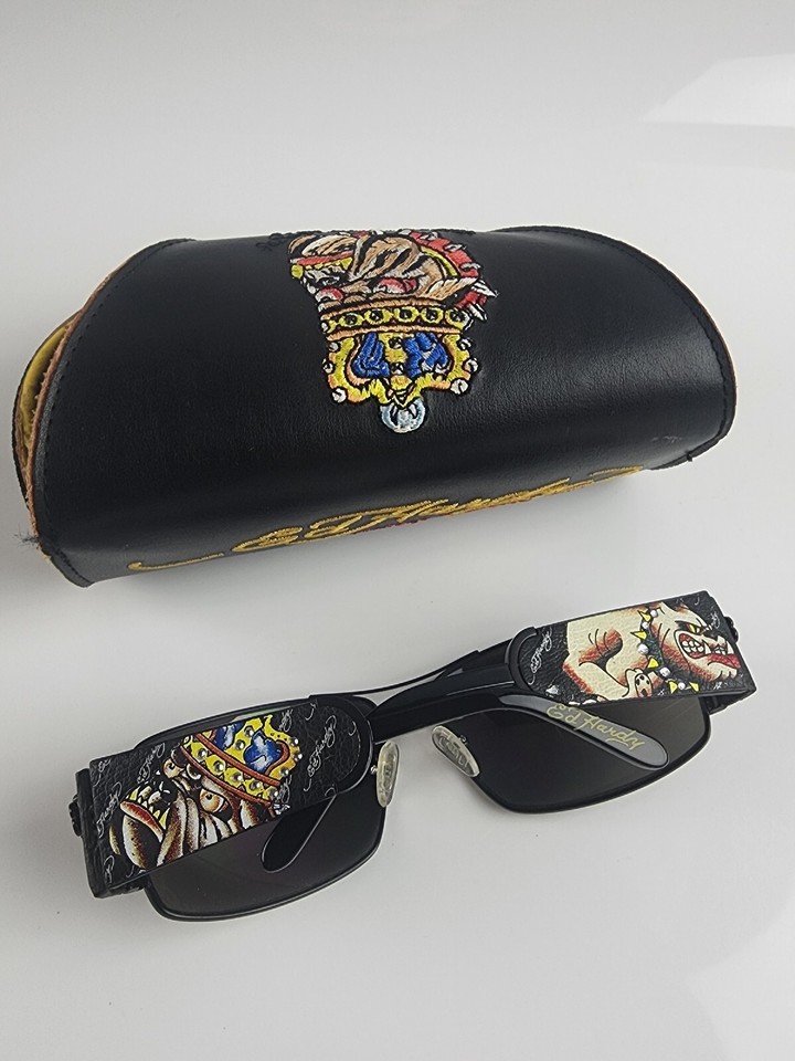 Vintage ED HARDY rhinestone bulldogs Skulls Cross sunglasses Case Cloth ...