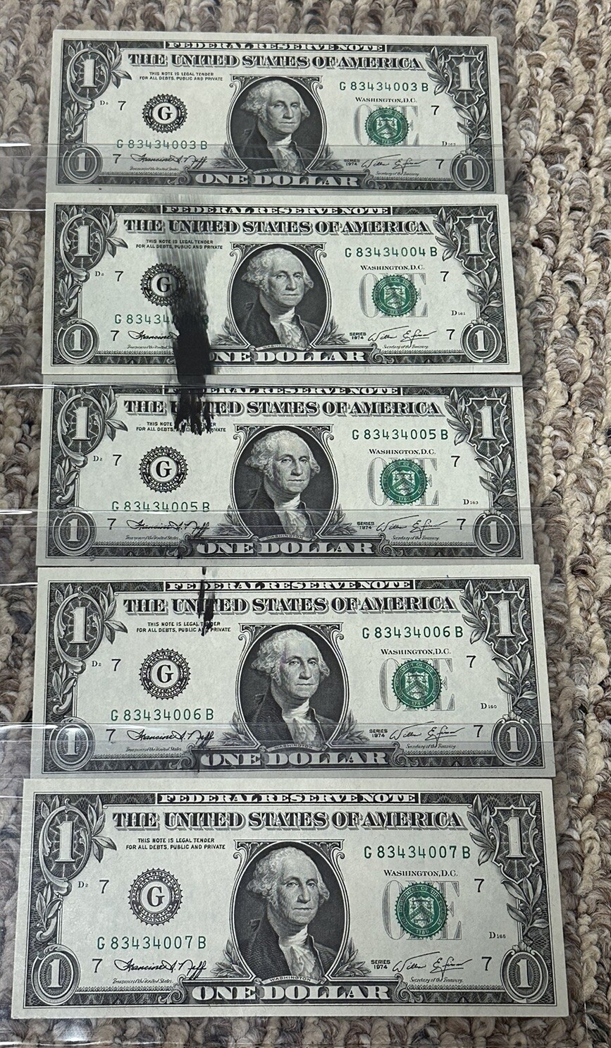 1974 $1 Federal Reserve Note Ink Smear Error Consecutive (Lot Of 5 ...
