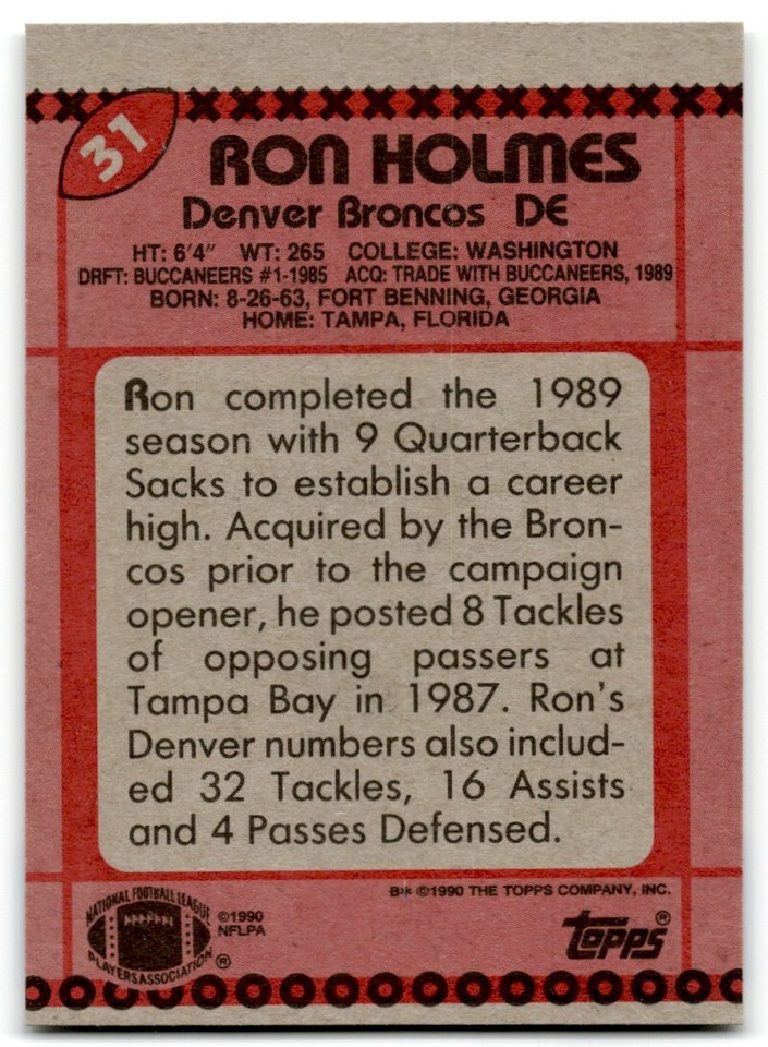 1990 Topps Ron Holmes Denver Broncos #31 | eBay