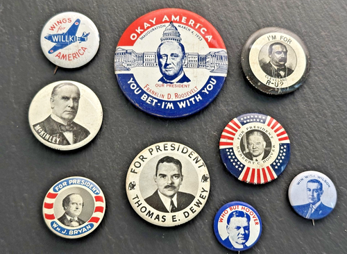 9 US PRESIDENTIAL CAMPAIGN PINS REPRODUCTIONS: ROOSEVELT, HOOVER ...