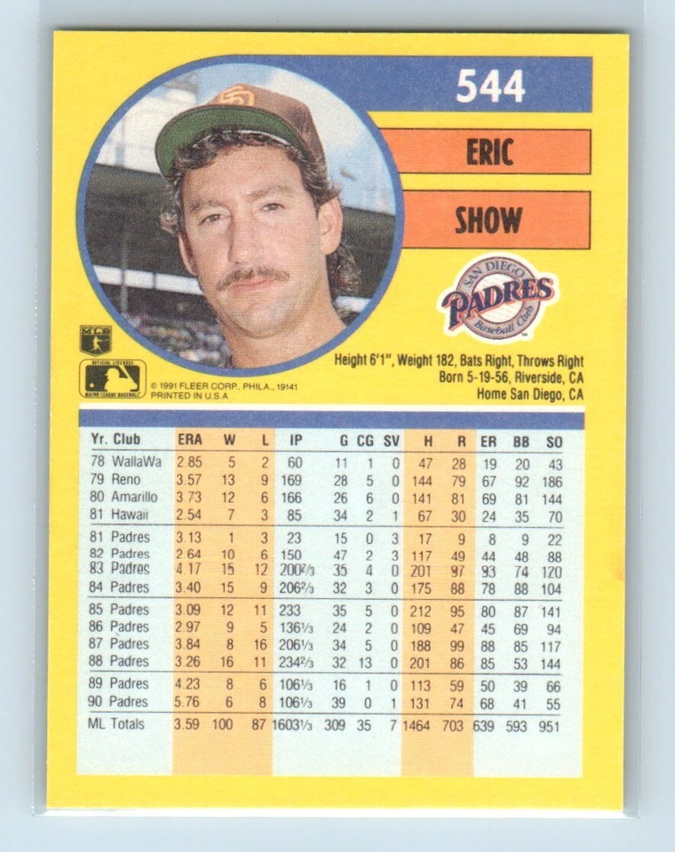 1991 Fleer Eric Show San Diego Padres #544 | eBay