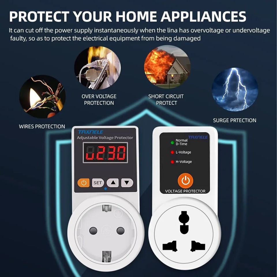 Automatic Voltage Protector Socket 220V 16A Adjustable Power Surge US ...