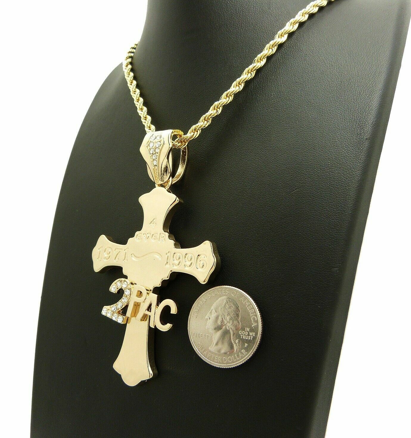 HIP HOP ICED GOLD PT 2PAC CROSS CHARM PENDANT & 5mm 24" ROPE CHAIN ...