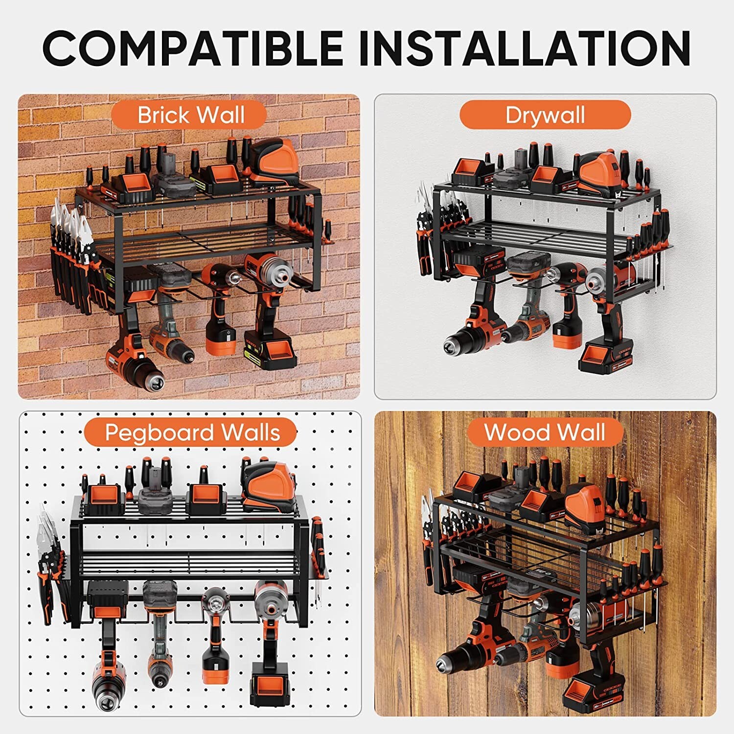 Heavy Duty Tool Organizer Rack, Garage Wall Mounted Electric Drill ...