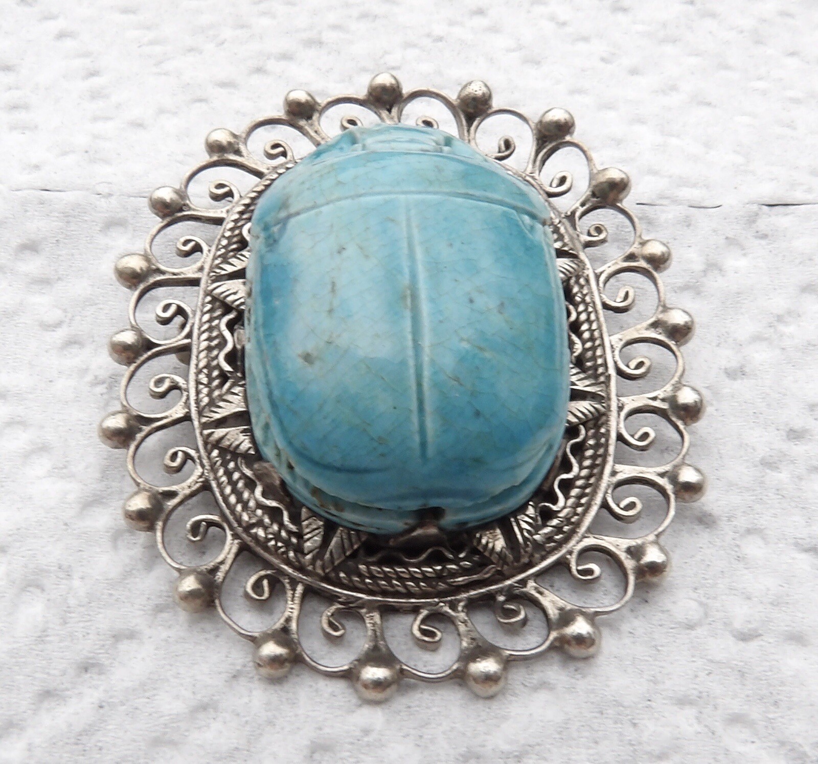 Antique Sterling Silver Egyptian Porcelain Scarab Bro… - Gem