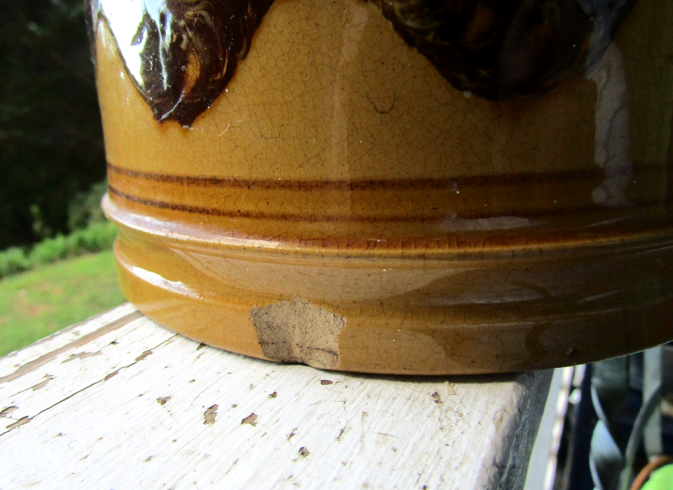 Antique Mocha Yellow Ware Storage Crock, Earthworm and line Decoration ...