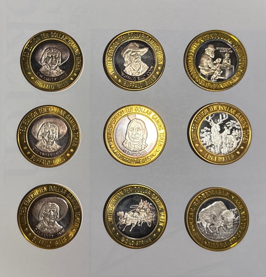 9 Coin Lot of $10 Ten Dollar Las Vegas Casino Gaming Tokens 999 Silver ...