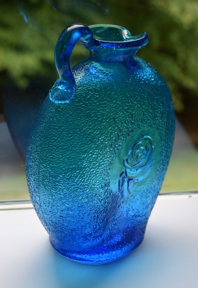 Blue Glass Pitcher Decanter Blown Iridescent Embossed Rose Textured ...
