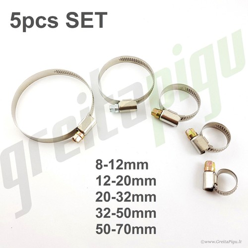 5x SET Stainless Steel Hose Clips - Pipe Clamps 8 - 70mm W2 German type ...