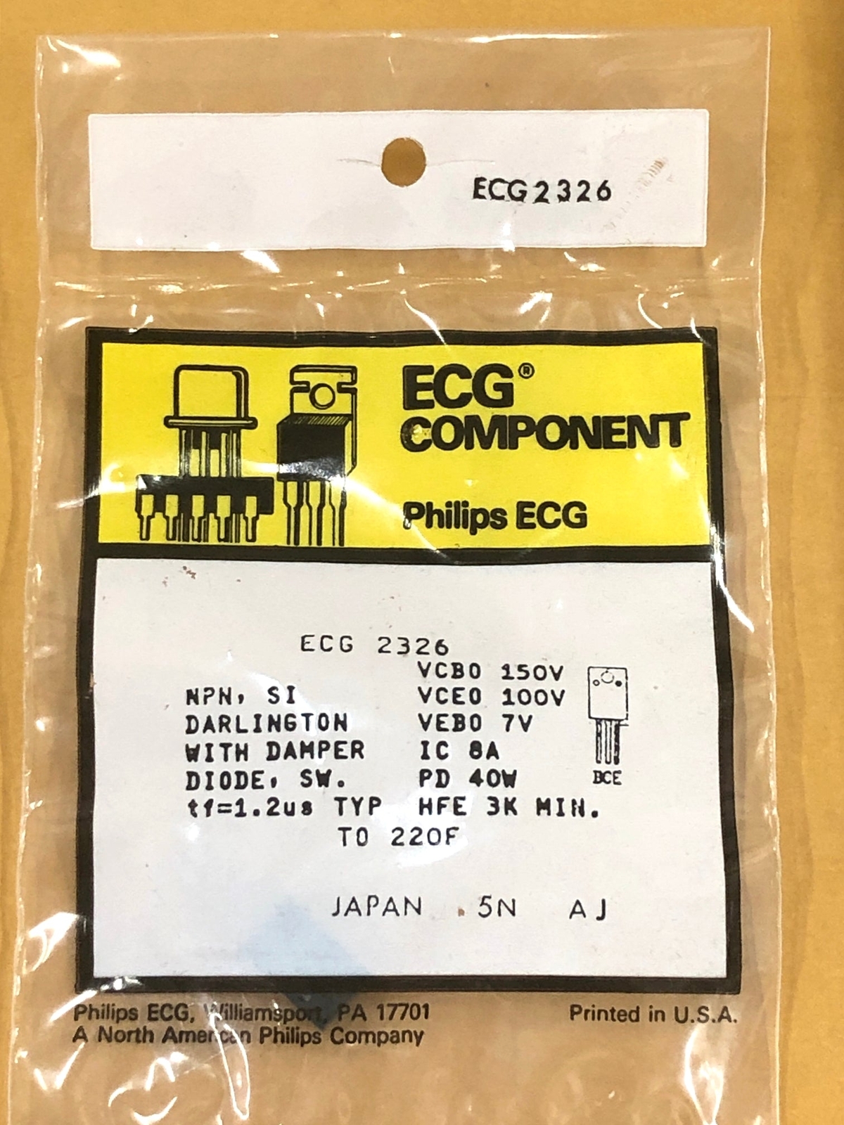 ECG2326, 8A @ 150V NPN Transistor Darlington w/ Damper Diode ~ TO-220F ...