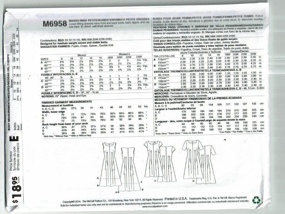 McCalls # M6958 Easy Dress with variations Patterns Sz: 8-16 or 18W-24W ...