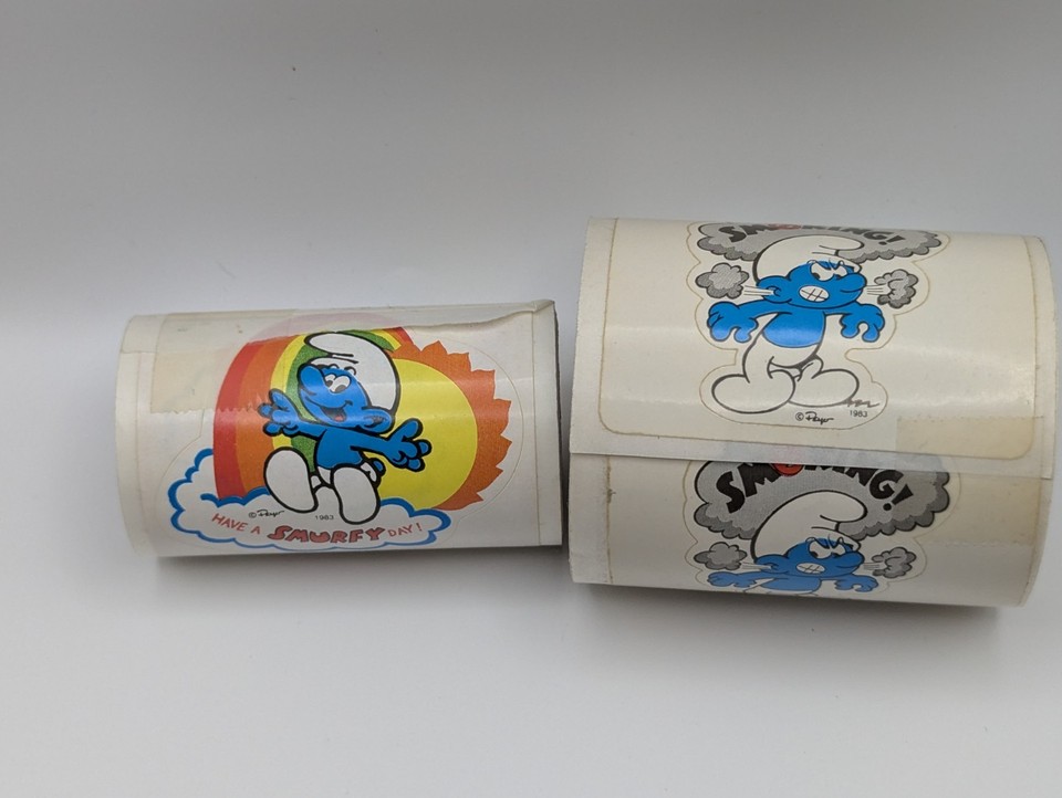 2 Vintage rolls of Smurf Stickers 1983 I hate smoking have a Smurfy day ...