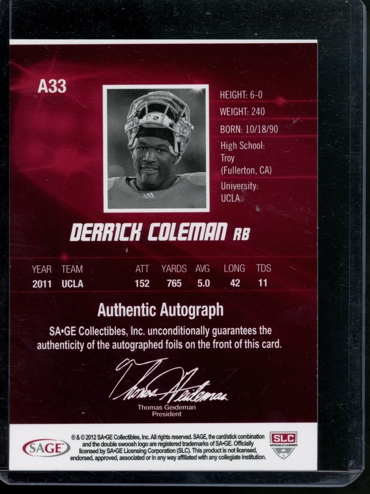 2012 SAGE Hit Derrick Coleman #A33 Auto | eBay