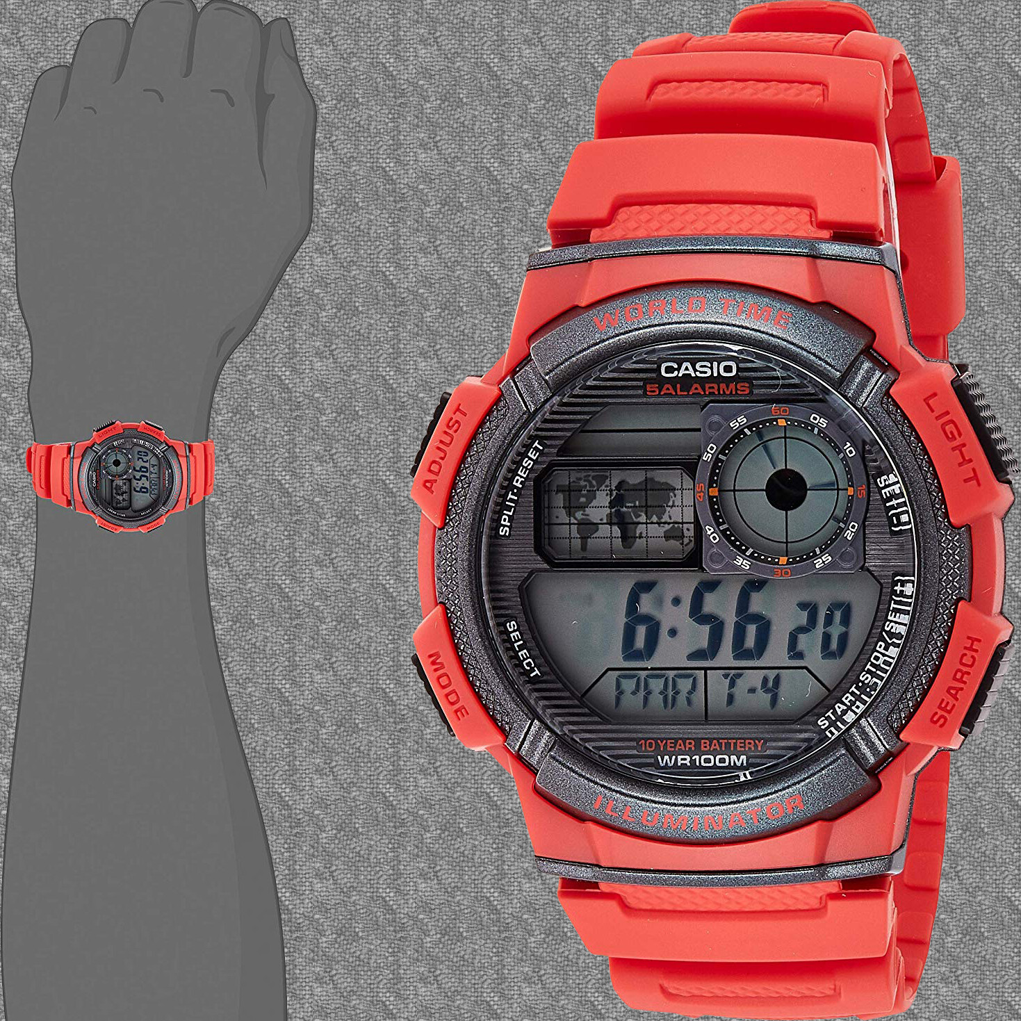 Casio AE1000W-4BV Digital Map Watch 10 Year Battery World Time 5 Alarms ...