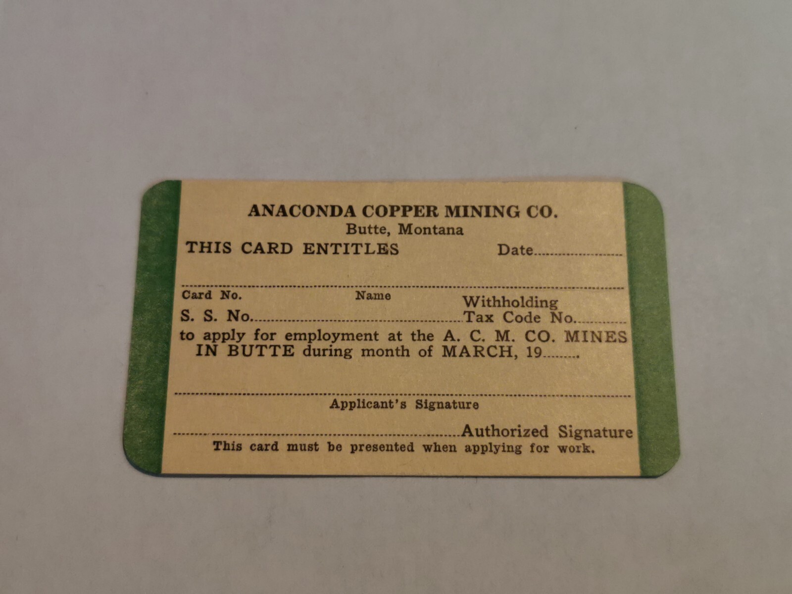 Anaconda Mining Company, Butte 1950s Employee Identification Card ...
