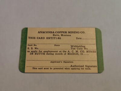 Anaconda Mining Company, Butte 1950s Employee Identification Card ...
