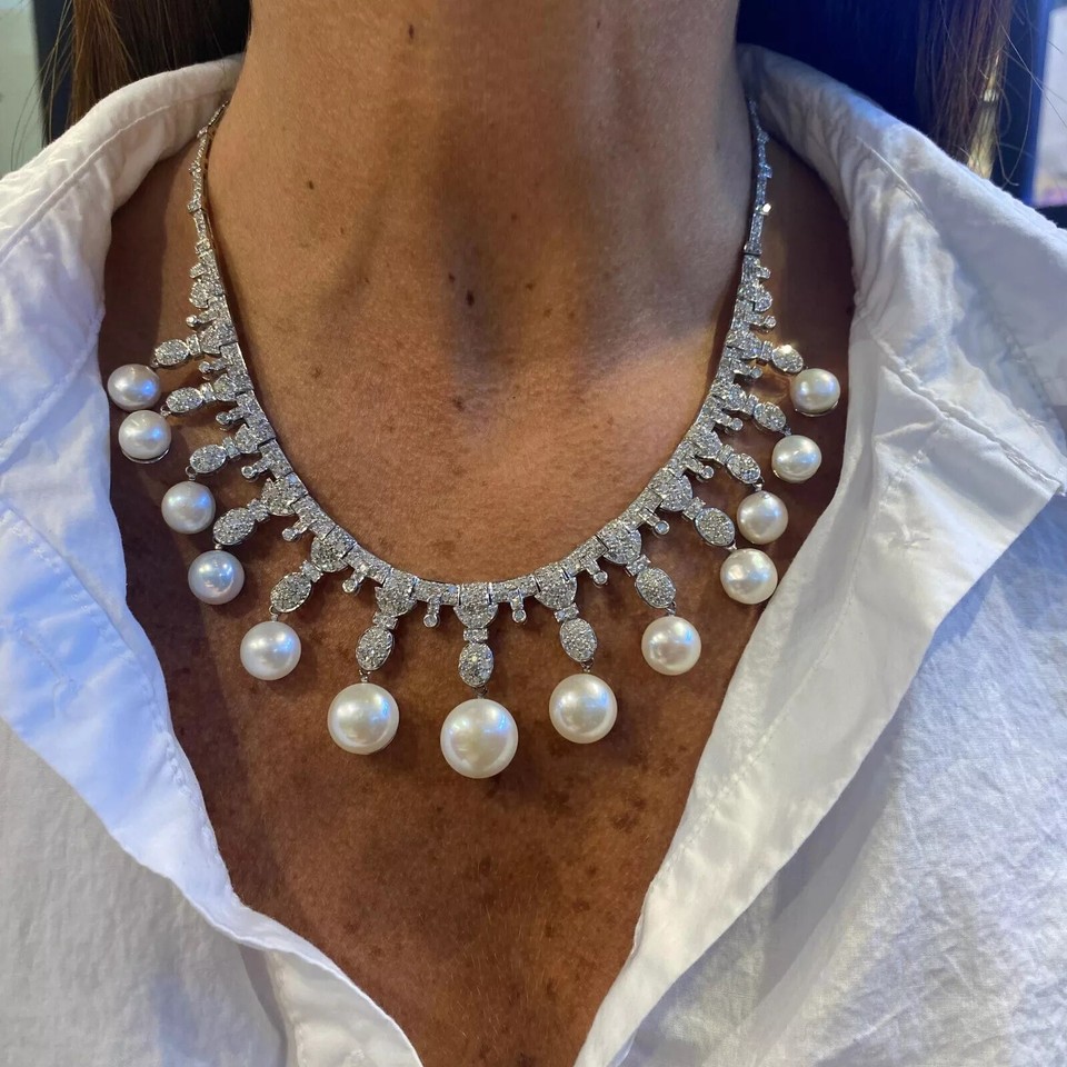 Huge Round Pearls & Lab-Created White 11.62CT Diamonds Luxury Necklace ...