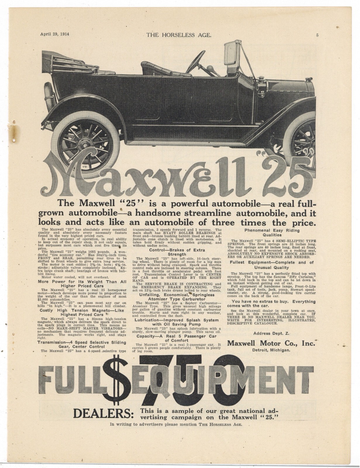 1914 Maxwell Motor Co. Ad: 25-4 Touring Car w/ Features - Detroit ...