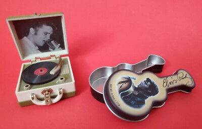 Elvis Presley Miniature Record Player Ornament & Mints Guitar Can ...