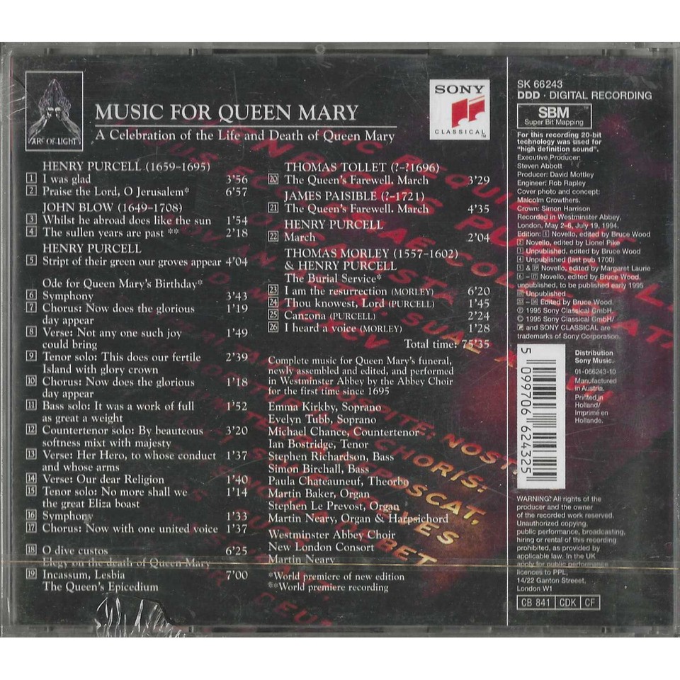 Henry Purcell CD Music For Queen Mary / sony Classical – Sk 66243 ...