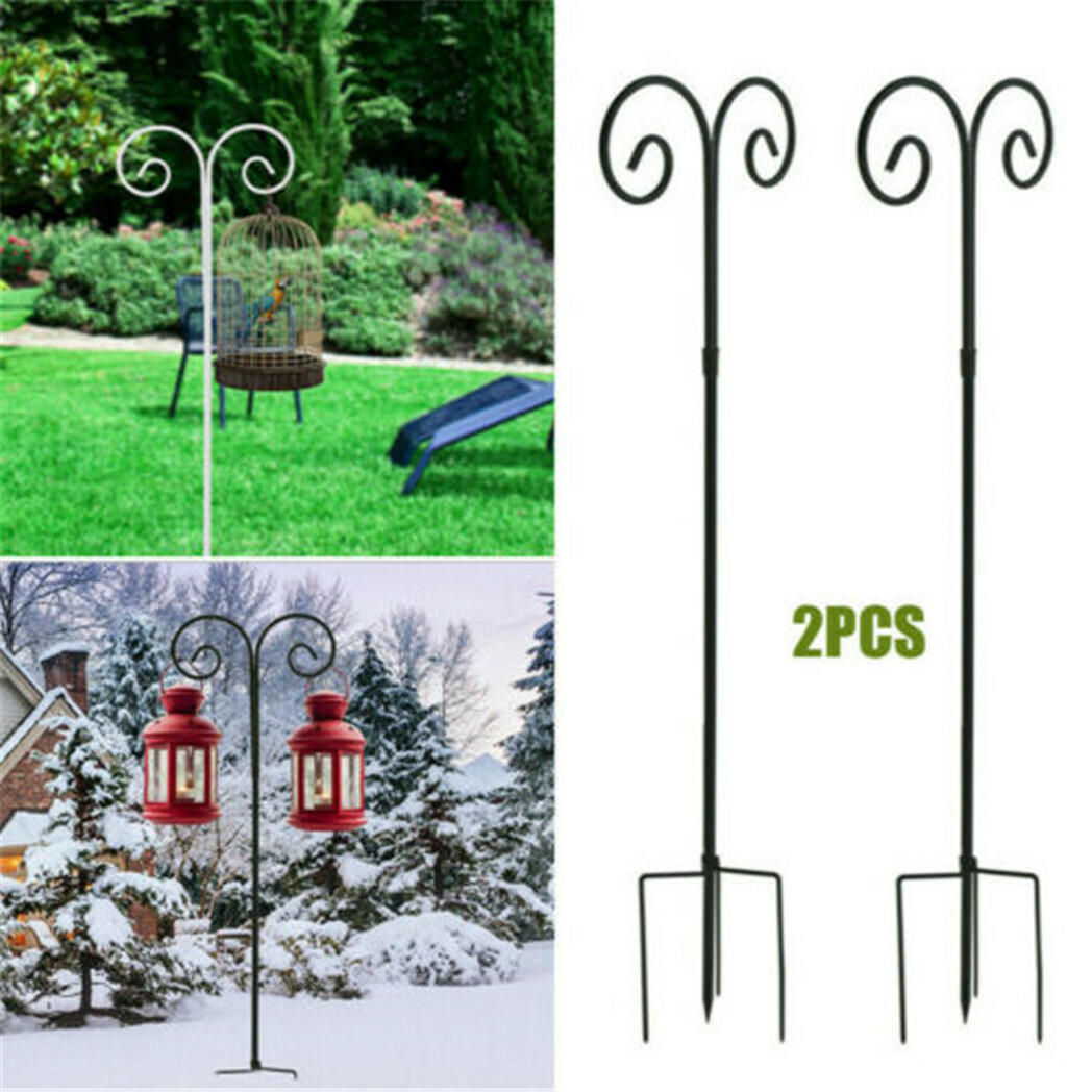 2 Metal Shepherd Crook Hook Garden Stakes Dual Hanging Hooks Xmas ...