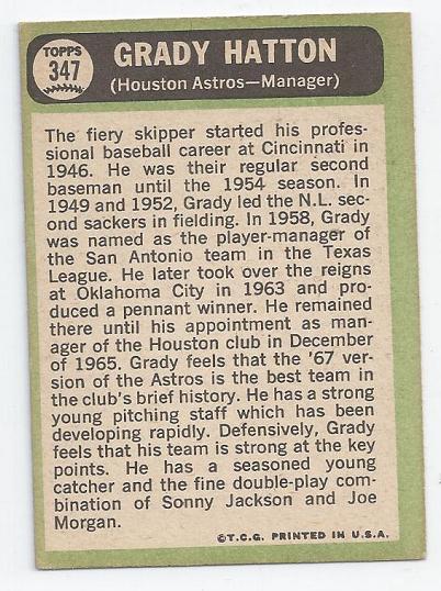 1967 TOPPS # 347 GRADY HATTON HOUSTON ASTROS MANAGER BASEBALL CARD - NO ...