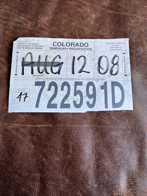 2008 Colorado TEMPORARY License Plate paper Temp TAG # 722591 D | eBay