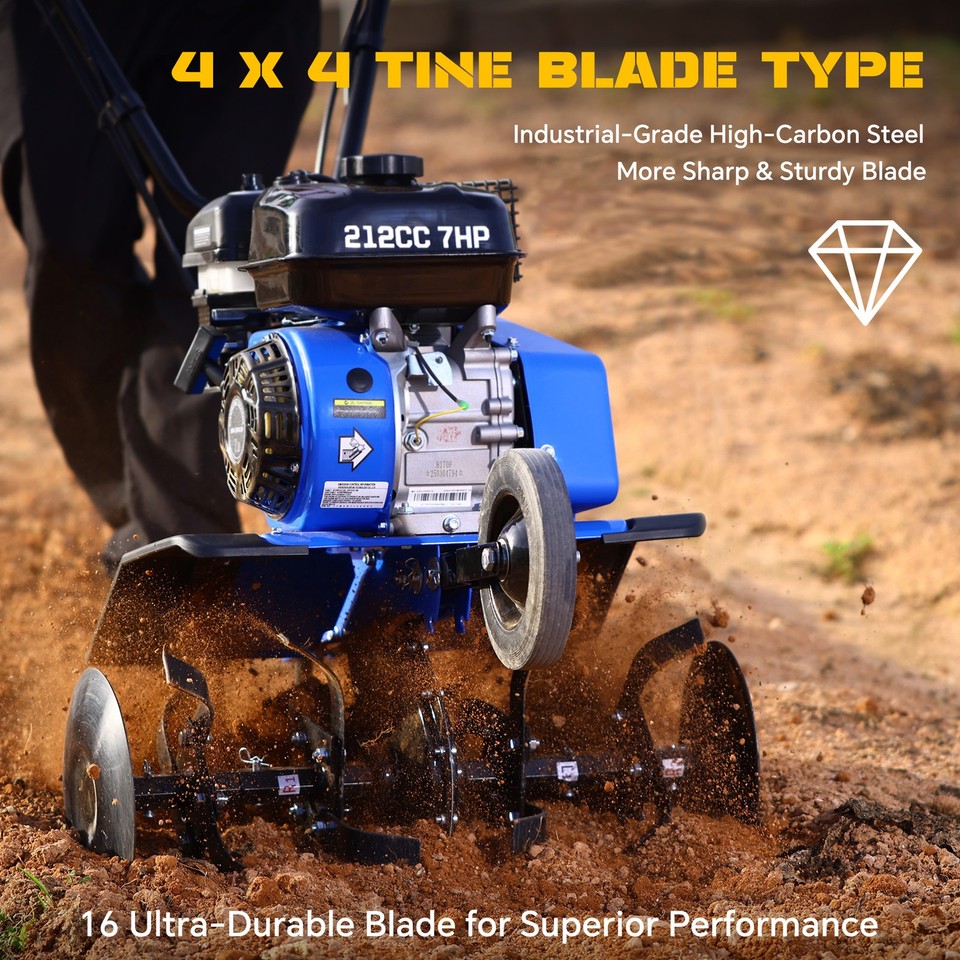 Tiller Cultivator 212CC Gas Powered 4 STROKE 7HP Rototiller Garden Farm ...