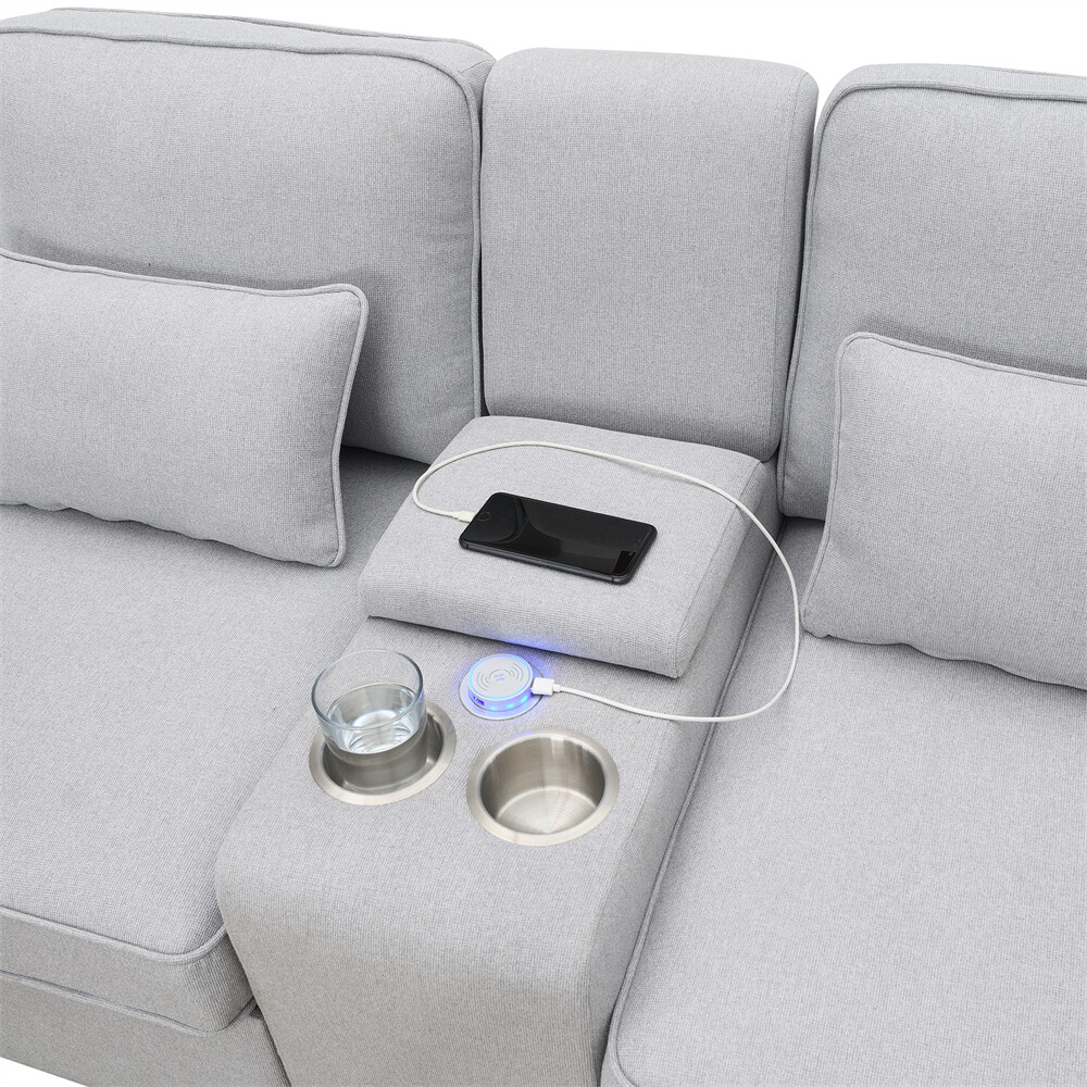 Modern Upholstered Linen Sofa Couch With Console,Cupholders,USB Ports,4 ...