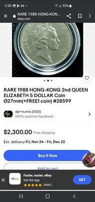 RARE 1988 HONG-KONG 2nd QUEEN ELIZABETH 5 DOLLAR Coin Ø27mm(+FREE1 coin ...