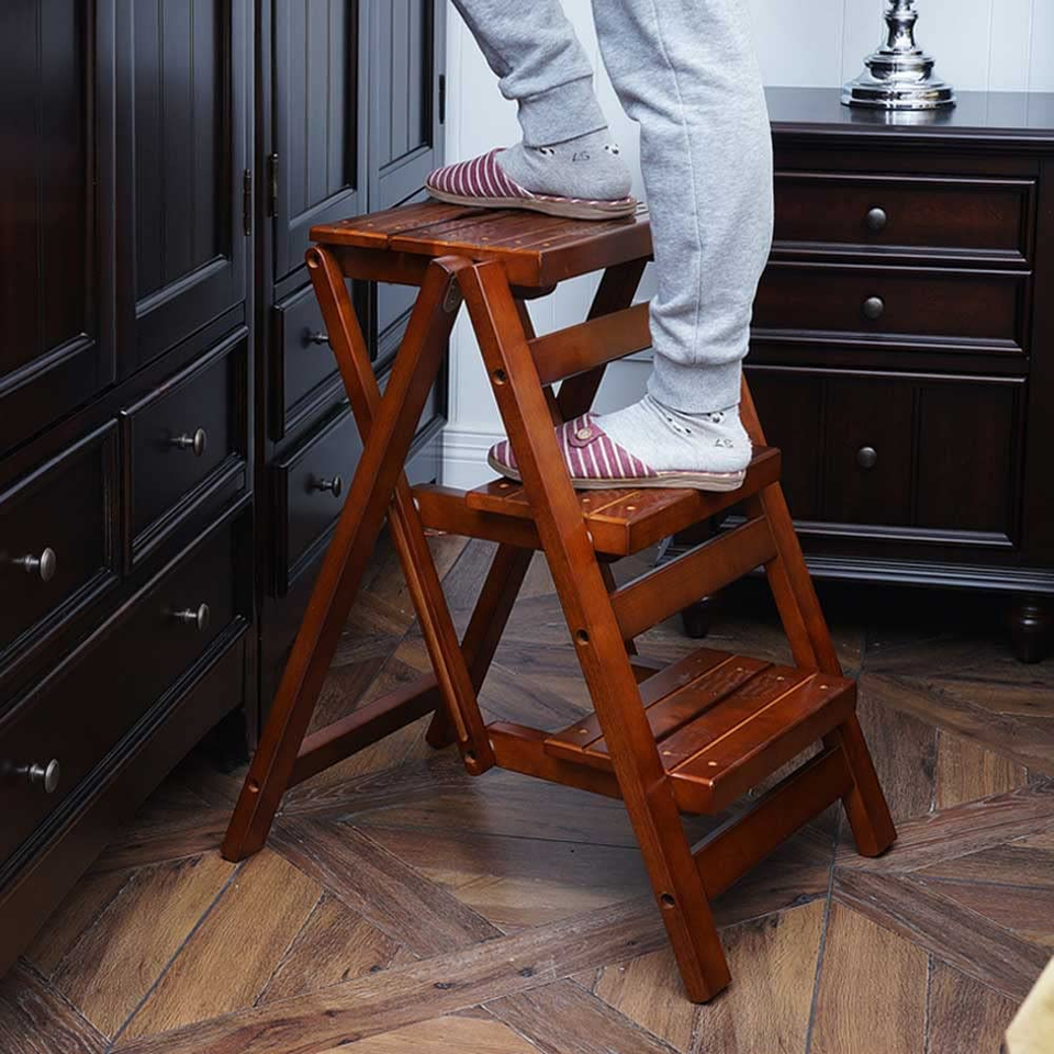 3 Step Stool Wooden Folding Ladder Chair Thickened Library Stair Chair ...