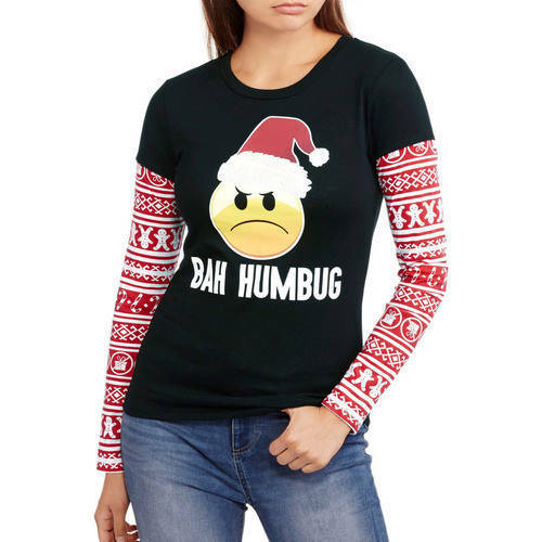 Holiday Time Junior Womens Black Bah Humbug Emoji Long Sleeve T-Shirt L ...