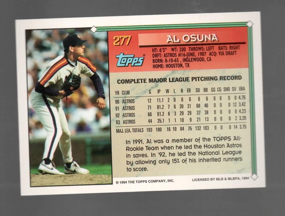 1994 Topps Al Osuna Houston Astros #277 Near Mint or Better | eBay