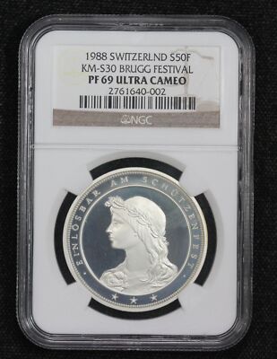 1988 Switzerland Brugg Shooting Festival Thaler 50 Francs NGC PF69 3IES ...