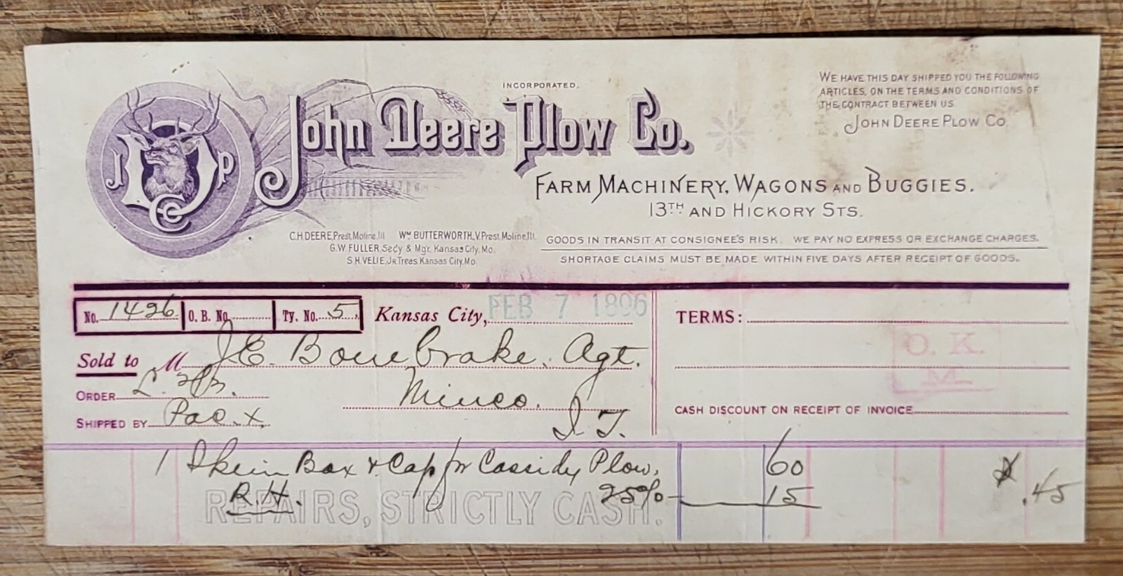 Kansas City MO John Deere Billhead 1896 to Bonebrake Hardware #2 | eBay