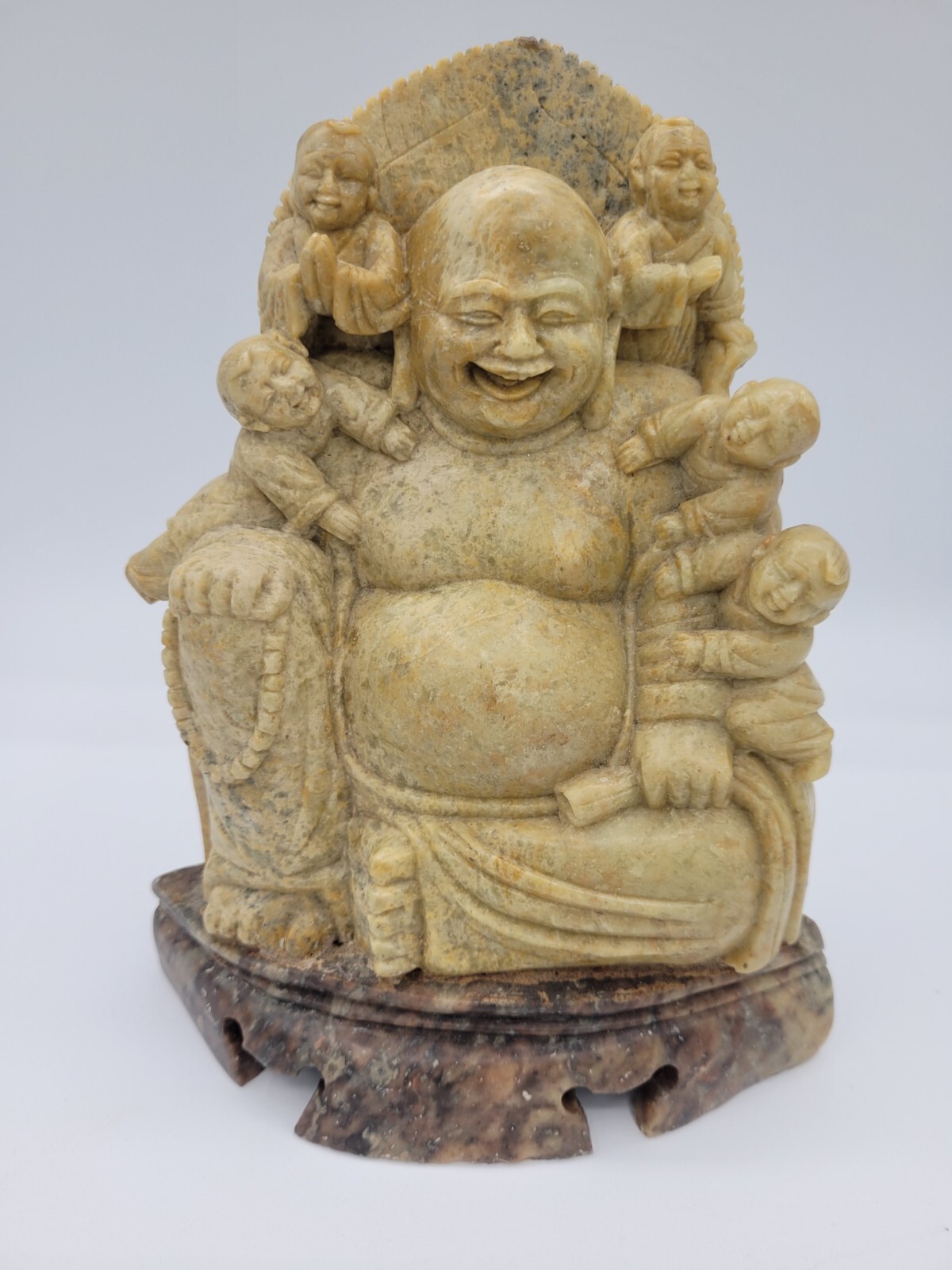 ANTIQUE CHINESE CARVED SOAPSTONE FIGURINE SMILING BUDDHA WITH CHILDREN ...