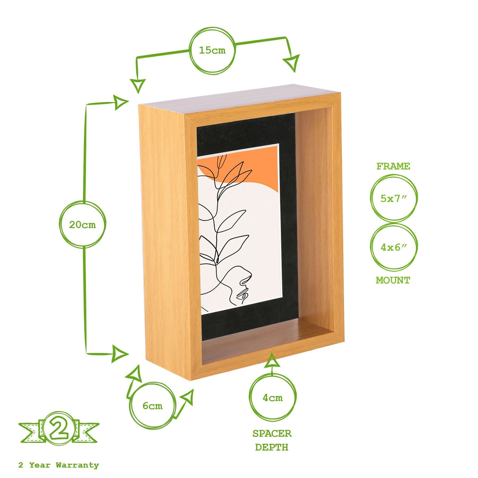 2x 3D Deep Box Photo Picture Frames 5 x 7" with 4 x 6" Mount Light Wood ...