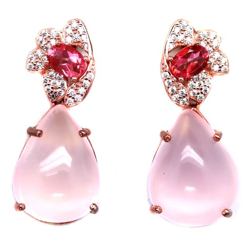 Gemstone Rose Quartz, Topaz & Cubic Zirconia Earrings 925 Sterling ...